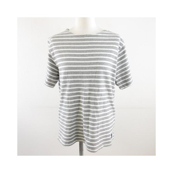 TOP Siden カットソー 半袖 ボーダー グレー 白 M *A208 レディース【表記サイズ】M【実寸サイズ】肩幅：41cm　身幅：47cm　着丈：58cm　袖丈：20cm　　【素材】綿100%【色】グレー?白【状態】首元に3cm程度...