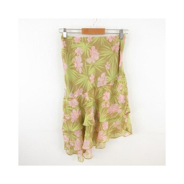 アシッド acide 膝丈スカート アシンメトリー シフォン 花柄 黄緑 ピンク 40 *A483 レディース【表記サイズ】40日本サイズM相当【実寸サイズ】ウエスト：64cm　ヒップ：98cm　スカート丈：53-66cm　　【素材】表地 ...