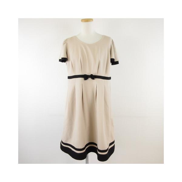 ラブミック LOVEMIC マタニティ ひざ丈ワンピース 半袖 フレア ベージュ 黒 L *A120 レディース【表記サイズ】Lバスト86-94身長154-162【実寸サイズ】肩幅：36cm　身幅：44cm　袖丈：18cm　総丈：91cm　...