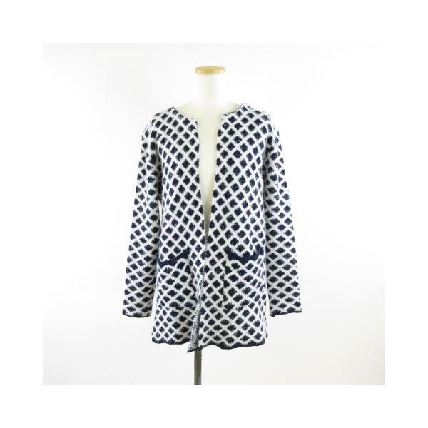 GABIN シャギーニットカーディガン 長袖 総柄 白 紺 *A694 レディース【表記サイズ】サイズ表記はございません【実寸サイズ】肩幅：42cm　身幅：48cm　袖丈：56cm　着丈：68cm　　【素材】アクリル100%【色】白?紺【仕...