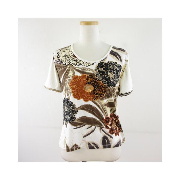 DONNE DA SOGNO カットソー Tシャツ 半袖 総柄 花柄 白 茶 44 *T717 レディース【表記サイズ】44日本サイズL相当【実寸サイズ】肩幅：37.5cm　身幅：44.5cm　着丈：50.5cm　袖丈：17.5cm　　【素...