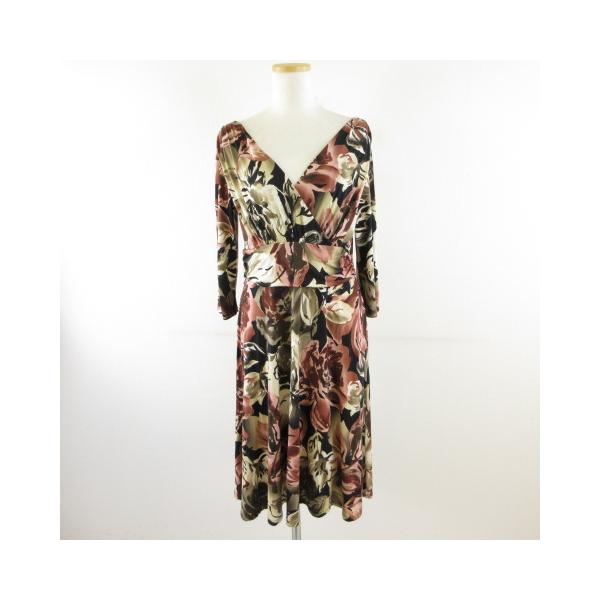 TOUCH9 ワンピース 七分袖 ひざ丈 総柄 ベージュ 茶 黒 L *T304 レディース【表記サイズ】L/Grande【実寸サイズ】肩幅：41cm　身幅：43.5cm　袖丈：40.5cm　総丈：96cm　　【素材】ポリエステル96% ポ...