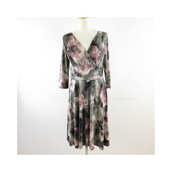 TOUCH9 ワンピース ひざ丈 七分袖 花柄 総柄 グレー L *T313 レディース【表記サイズ】L/Grande【実寸サイズ】肩幅：39cm　身幅：43cm　袖丈：41cm　総丈：93cm　　【素材】ポリエステル96% ポリウレタン4...