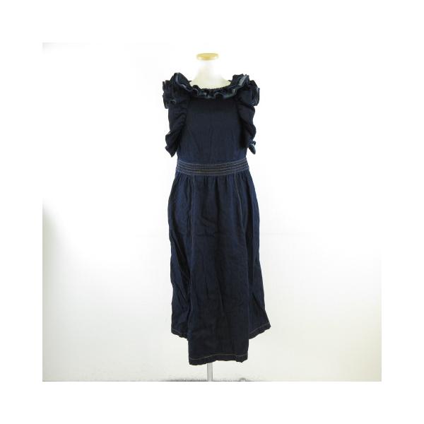 ミーア Mia デニムワンピース フリル ノースリーブ ミモレ丈 紺 38 *A526 レディース【表記サイズ】38（日本サイズM相当）【実寸サイズ】肩幅：33cm　身幅：42cm　袖丈：0cm　総丈：115cm　　【素材】本体 綿100%...