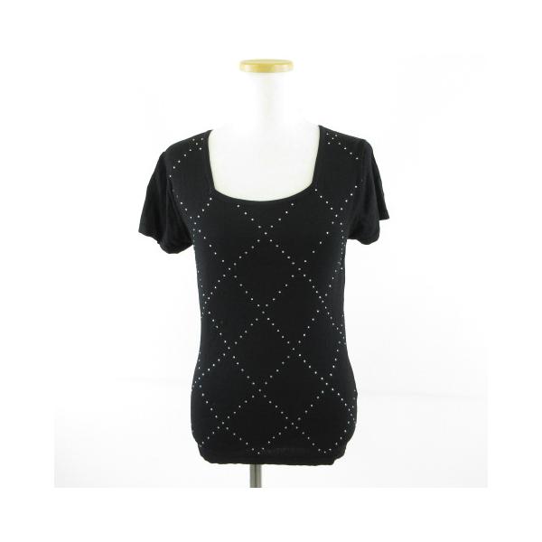 N.A.O.V サマーニット 半袖 スクエアネック ラインストーン 黒 M *T916 レディース【表記サイズ】M【実寸サイズ】肩幅：38cm　身幅：40cm　着丈：55.5cm　袖丈：14cm　　【素材】レーヨン65% ナイロン35%【色...