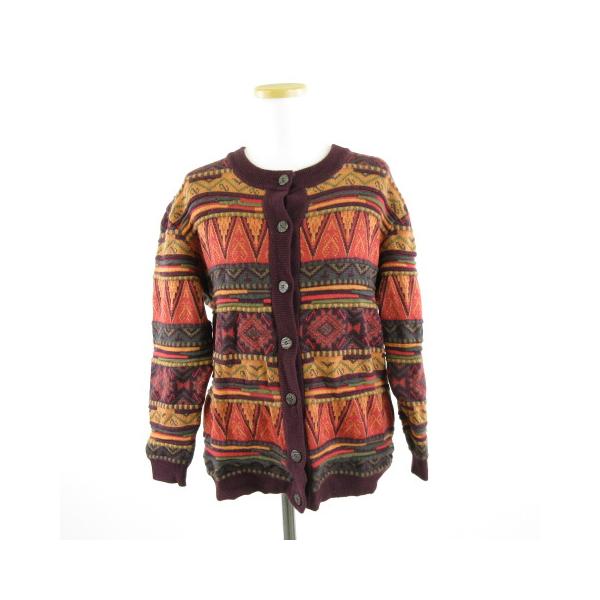 Bien-Mise ニットカーディガン 長袖 総柄 茶 紫 *A831 レディース【表記サイズ】サイズ表記はございません【実寸サイズ】肩幅：46cm　身幅：48cm　着丈：55cm　袖丈：46cm　　【素材】毛100%【色】茶?紫?緑など【...