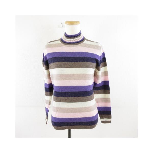 シレーナ Sirena ハイネックニット 長袖 ボーダー 紫 ベージュ M *A139 レディース【表記サイズ】M【実寸サイズ】肩幅：36cm　身幅：42cm　着丈：56cm　袖丈：54cm　　【素材】毛100%【色】紫?ベージュなど【状態...