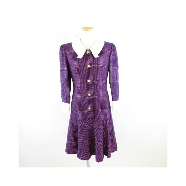 デボラ DEBORAH ひざ丈ワンピース 長袖 チェック 紫 黒 9 *A209 レディース【表記サイズ】9（日本サイズM相当）【実寸サイズ】肩幅：40cm　身幅：44cm　袖丈：52cm　総丈：96cm　　【素材】毛55% 絹45%　一部...
