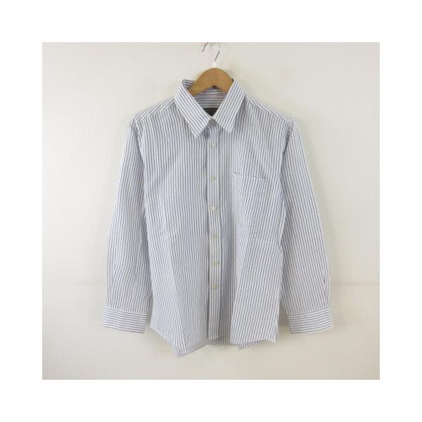 THE FIRST WAVE シャツ 長袖 ストライプ 白 青 L *T553 メンズ【表記サイズ】L【実寸サイズ】肩幅：45cm　身幅：53.5cm　着丈：76cm　袖丈：59cm　　【素材】ポリエステル80% 綿20%【色】白×青【状態...