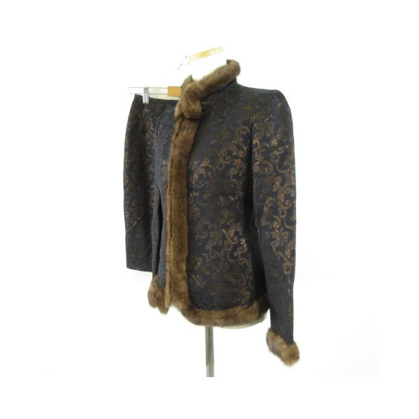 ベルポネッティ BELLE PONETTI セットアップ スーツ ジャケット 長袖 スカート 総柄 ミンク ファー 濃紺 7 *T832 レディース【表記サイズ】7日本サイズS相当【実寸サイズ】ジャケット 肩幅：35cm　ジャケット 身幅：...