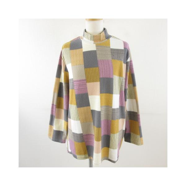 未使用品 AccrocheR ニット セーター 長袖 モックネック 総柄 グレー 黄 M *T17 レディース【表記サイズ】M【実寸サイズ】肩幅：38cm　身幅：58cm　着丈：63cm　袖丈：52cm　　【素材】ポリエステル95% ポリウ...