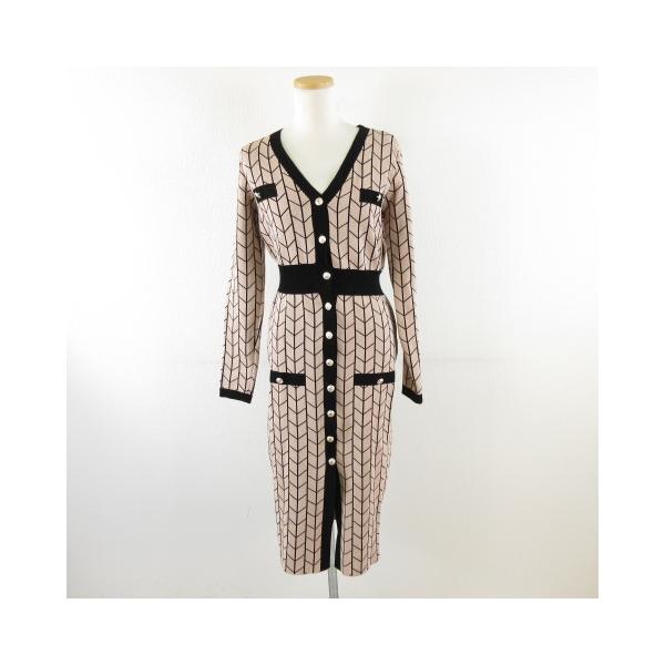 Luv4ever ニットシャツワンピース 長袖 ひざ丈 総柄 ベージュ 黒 *A900 レディース【表記サイズ】サイズ表記はございません【実寸サイズ】肩幅：36cm　身幅：42cm　袖丈：59cm　総丈：106cm　　【素材】ポリエステル6...