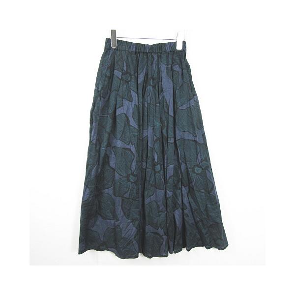 ラデュレ LA DUREE フレア スカート ロング丈 綿 9 グリーン ブルー 花柄 kz12305 レディース【表記サイズ】9(M程度)【実寸サイズ】ウエスト：64-cm　スカート丈：88cm　　【素材】綿100%【色】グリーン ブルー...
