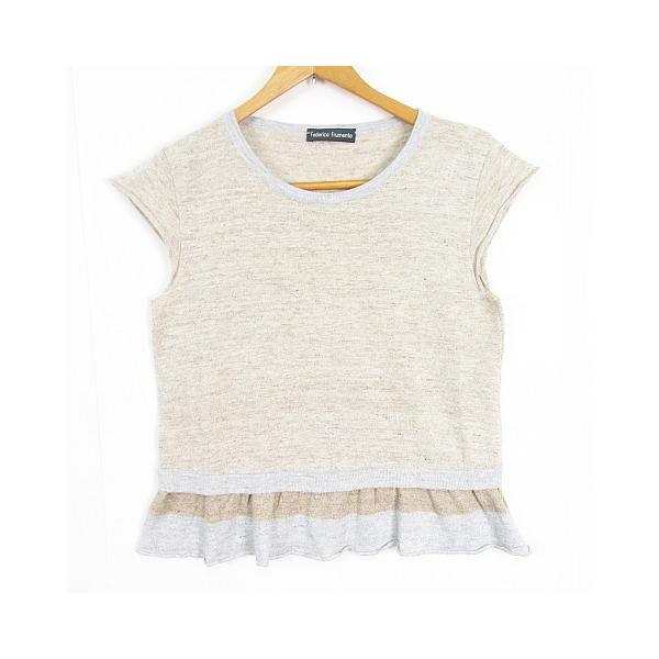 federica frumento ニット カットソー 半袖 リネン コットン 42 ベージュ ラメ kz13358 レディース【表記サイズ】42(M程度)【実寸サイズ】肩幅：37cm　身幅：41cm　着丈：52cm　袖丈：6cm　　【素材...