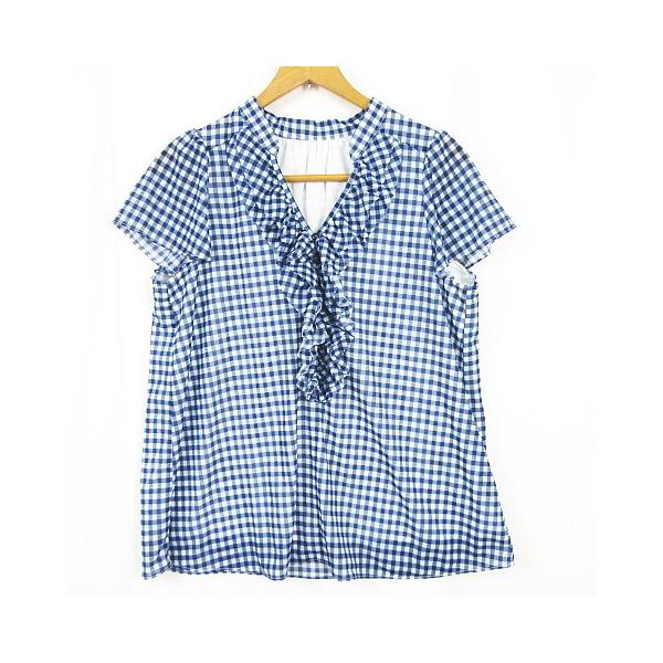 ロペ ROPE ブラウス フリル 半袖 M ネイビー ギンガムチェック kz14280 レディース【ブランド】ロペ ROPE【表記サイズ】M【実寸サイズ】肩幅：32cm　身幅：46cm　着丈：61cm　袖丈：16cm　　【素材】ポリエステル...