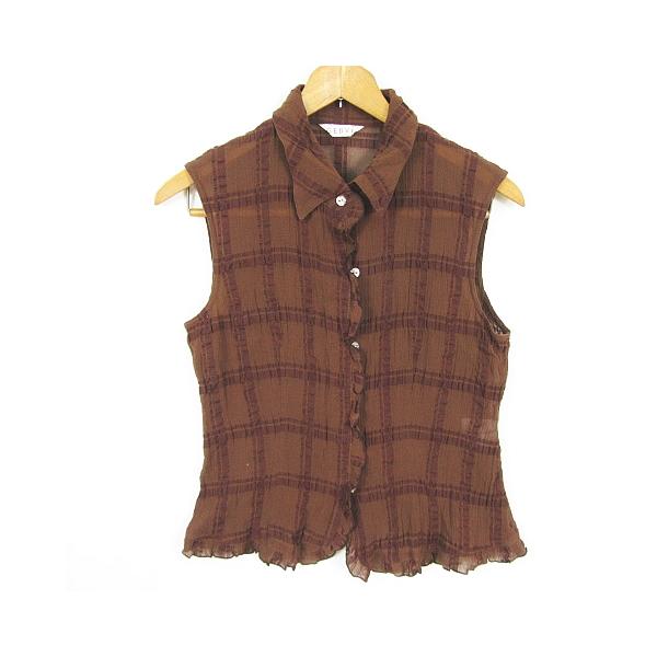 ジェルべ GERVE ノースリーブ ブラウス シャツ シアー 綿 麻 40 ブラウン チェック kz14454 レディース【表記サイズ】40(L程度)【実寸サイズ】肩幅：37cm　身幅：42cm　着丈：50cm　　【素材】綿60% 麻40%...