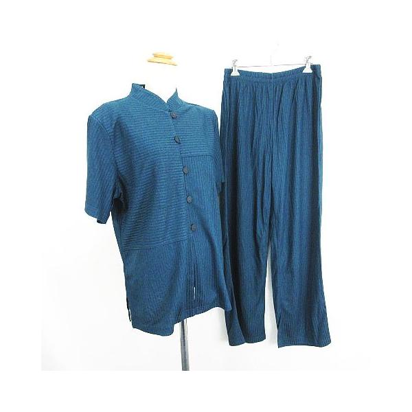 未使用品 Hombres JOVENES ベルーナ セットアップ シャツ 半袖 スタンドカラー パンツ ロング丈 イージー 地模様 L グリーン ※EKM レディース【表記サイズ】Lバスト 86〜94着丈 68総丈 102ウエスト 69〜7...