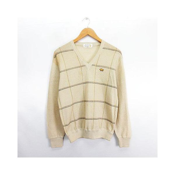 ジャックニクラウス Jack Nicklaus サマーニット セーター 長袖 Vネック チェック 麻混 M ベージュ ※EKM メンズ【表記サイズ】M【実寸サイズ】肩幅：45cm　身幅：51cm　着丈：58cm　袖丈：57.5cm　　【素材...