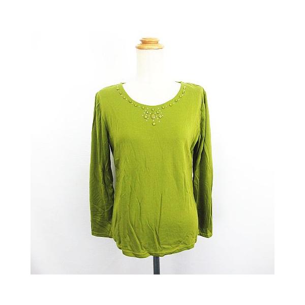 未使用品 ILE DE BONHEUR カットソー Tシャツ 長袖 ラウンドネック ビジュー ストレッチ F オリーブグリーン ※EKM レディース【表記サイズ】F【実寸サイズ】肩幅：36cm　身幅：46.5cm　着丈：55cm　袖丈：52...