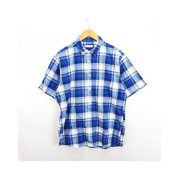未使用品 エレメントオブシンプルライフ element of SIMPLE LIFE シャツ 半袖 チェック 胸ポケット 麻混 LL ブルー系 ※EKM メンズ【表記サイズ】LLチェスト 102〜110【実寸サイズ】肩幅：49.5cm　身幅...