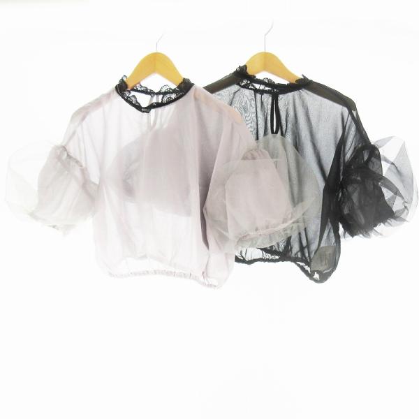 フォーリン fallin セット 半袖 ブラウス シャツ パフスリーブ ブラック グレー トップス レディース【表記サイズ】Ｆ【実寸サイズ】肩幅：55cm　身幅：56cm　着丈：37cm　袖丈：17cm　　【素材】画像参照【色】ブラック/グ...