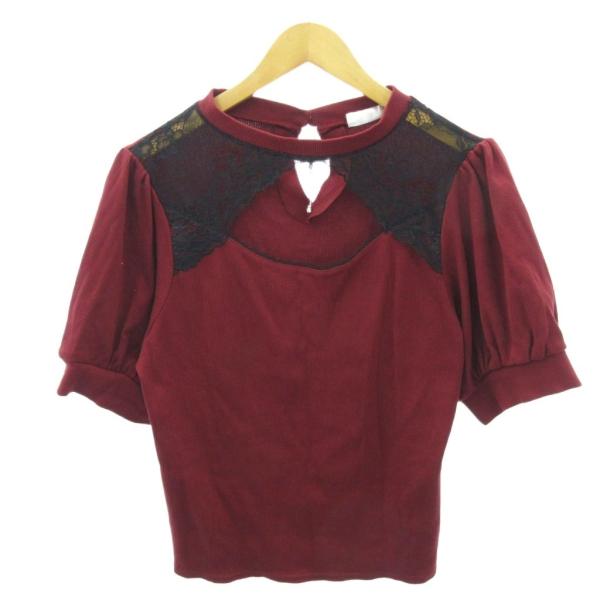 DEAR MY LOVE 夢展望 美品 ニット セーター 切替 レース バラ チャーム 半袖 3L 紅 黒 ボルドー ブラック 1119 レディース【表記サイズ】3L【実寸サイズ】肩幅：約44cm　身幅：約55cm　袖丈：約32cm　着丈：...