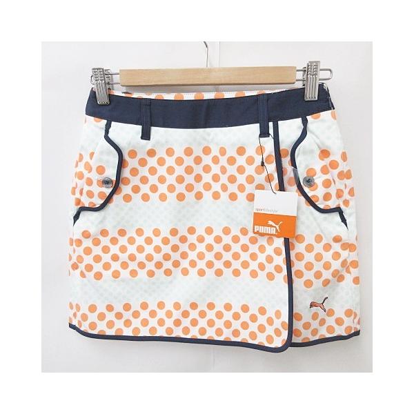 未使用品 プーマ PUMA GOLF ゴルフ スカート ラップ 総柄 ドット ボーダー インナーパンツ オレンジ 白 紺 ホワイト ネイビー S レディース【ブランド】プーマ PUMA【表記サイズ】S【実寸サイズ】ウエスト：64cm　ヒップ...