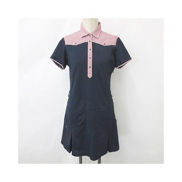 アシュワース ASHWORTH ワンピース ゴルフ 半袖  刺繍 チェック柄 プリーツ 紺 赤 白 ネイビー レッド ホワイト M レディース【表記サイズ】M【実寸サイズ】肩幅：36cm　身幅：45cm　袖丈：16.5cm　総丈：82cm　...