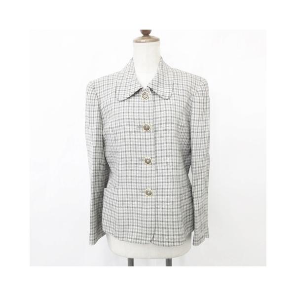 未使用品 ロリス アザロ LORIS AZZARO ジャケット ステンカラー チェック ウール グレー 9 レディース【表記サイズ】9【実寸サイズ】肩幅：43cm　身幅：47cm　袖丈：57cm　着丈：57cm　　【素材】表地 毛 100％...