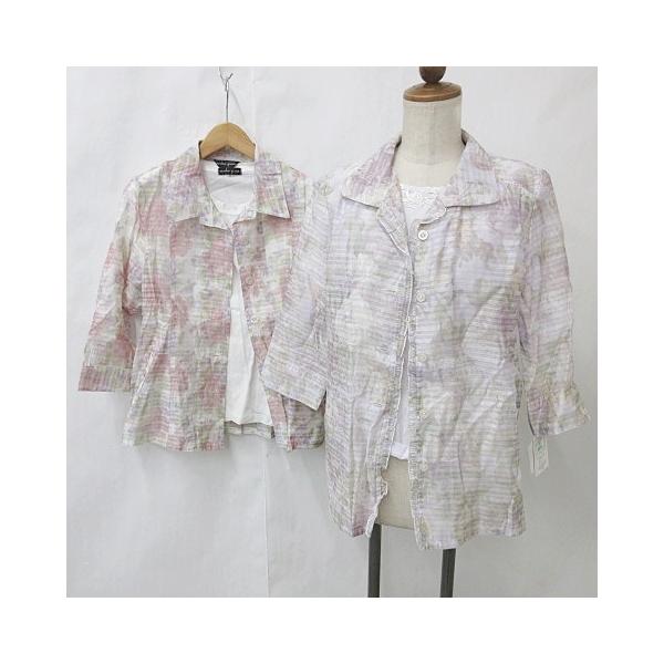 未使用品 モッカギーネ Mocka giene アンサンブル 2枚セット ブラウス 7分袖 花柄 Tシャツ 5分袖 レース 刺繍 紫 ピンク M レディース【表記サイズ】M【実寸サイズ】肩幅：39cm　身幅：52cm　着丈：66cm　袖丈：...