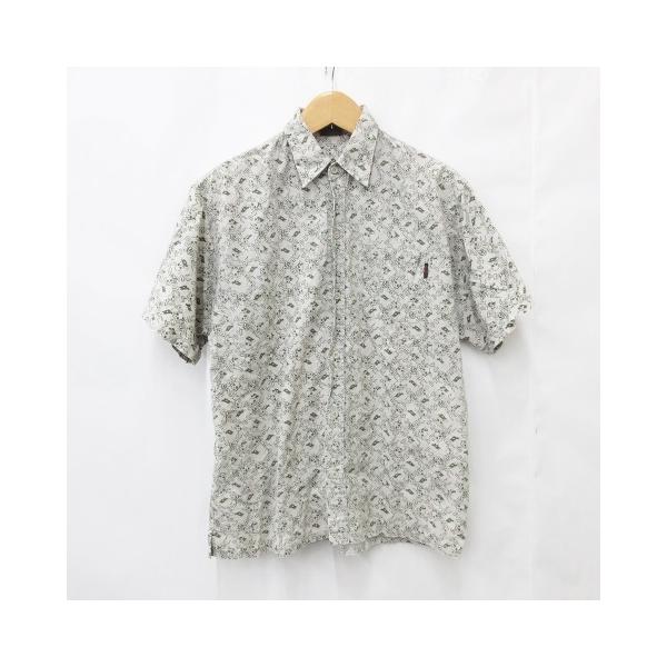 トニーホーク TONY HAWK 古着 シャツ カジュアルシャツ 半袖 総柄 スカル ロゴプリント グレー 緑 グリーン L メンズ【表記サイズ】L【実寸サイズ】肩幅：51cm　身幅：60cm　着丈：76cm　袖丈：24cm　　【素材】印字...