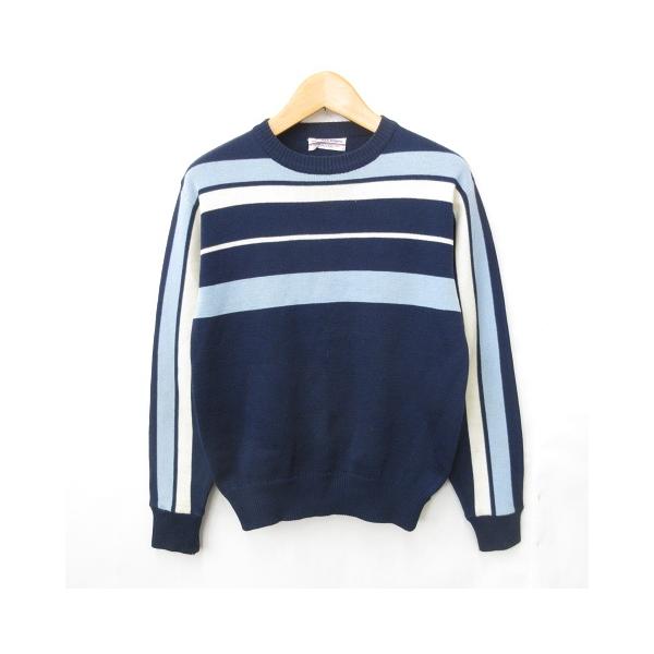 ROD LAVER SPORTS ニット セーター ボーダー 古着 ネイビー ブルー クリーム 紺 青  メンズ【表記サイズ】表記なし【実寸サイズ】肩幅：45.5cm　身幅：52.5cm　着丈：61cm　袖丈：59.5cm　　【素材】表記な...