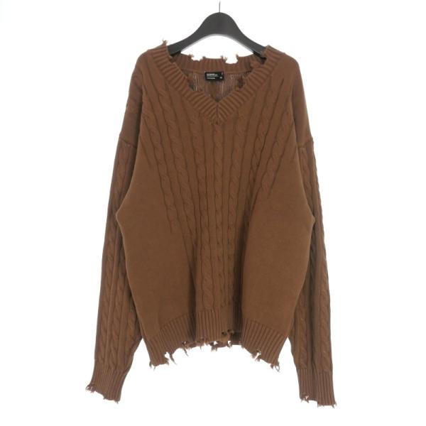 ローリングワイルド ROARINGWILD ダメージ加工 Vネック ケーブルニット セーター 長袖 M ブラウン ARW232509-BR メンズ【表記サイズ】M【実寸サイズ】肩幅：65cm　身幅：66cm　着丈：67cm　袖丈：65cm　...