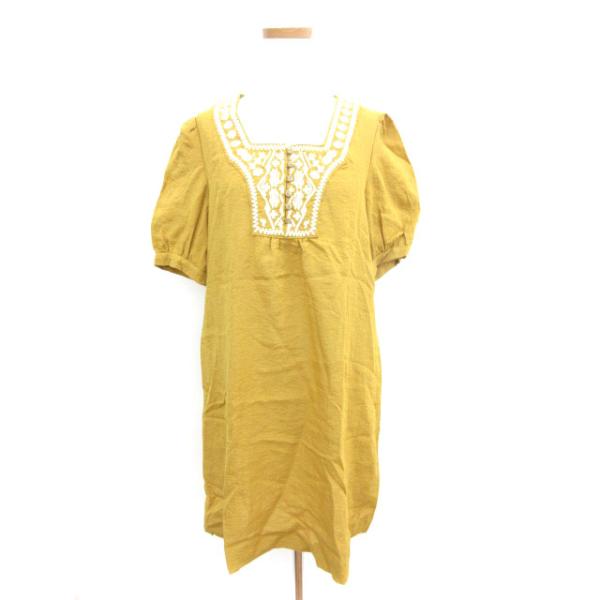 プーラフリーム pour la frime ワンピース 半袖 パフスリーブ ひざ丈 スクエアネック 刺繍 黄色 イエロー レディース【中古】【ベクトル 古着】【ブランド】プーラフリーム pour la frime【表記サイズ】表記なし【実寸...