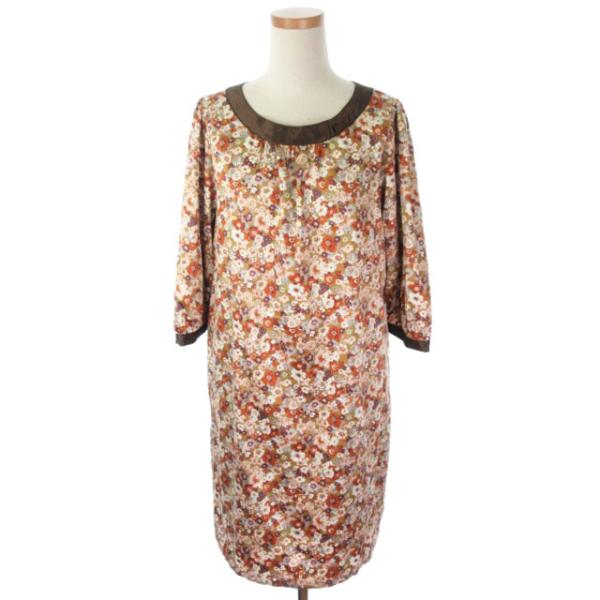 プーラフリーム pour la frime ワンピース 花柄 ひざ丈 フレア 七分袖 サテン M 茶 ブラウン /ya レディース【中古】【ベクトル 古着】【ブランド】プーラフリーム pour la frime【表記サイズ】M【実寸サイズ】...