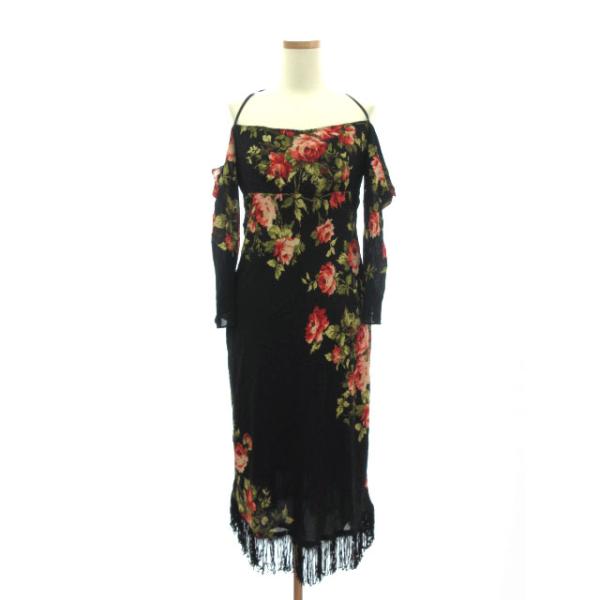 ヒコルヒラー hicole hiller ワンピース オープンスリーブ 七分袖 花柄 フリンジ ロング シルク 6 黒 ブラック ahm レディース【中古】【ベクトル 古着】【ブランド】ヒコルヒラー hicole hiller【表記サイズ】...