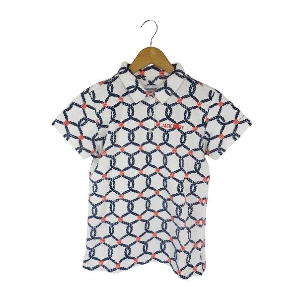 ジャックバニー Jack Bunn プルオーバー ポロシャツ ゴルフ スポーツ ウエア 半袖 総柄 ホワイト ネイビー サイズ0 QQQ レディース【表記サイズ】0【実寸サイズ】肩幅：37cm　身幅：44cm　着丈：56cm　袖丈：14cm...