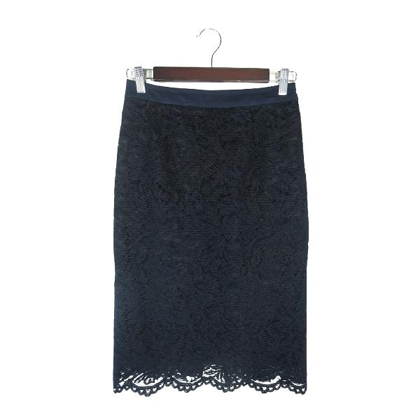 プリシラバスドール PRISCILLA BUS D'OR スカート ミモレ丈 タイト ゴムウエスト 刺繍 レース 裏地 ネイビー サイズ2 QQQ レディース【表記サイズ】2【実寸サイズ】ウエスト：64cm　ヒップ：86cm　スカート丈：6...