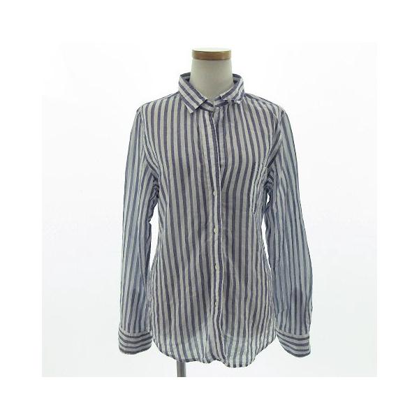 カニーハウス KEARNEY HOUSE シャツ 長袖 ストライプ コットン混 白 紺 M レディース【表記サイズ】M【実寸サイズ】肩幅：38cm　身幅：44cm　着丈：62.5cm　袖丈：61cm　　【素材】綿99% ポリウレタン1%【色...