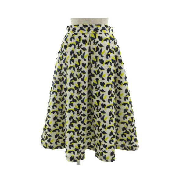 ルーシェ Louche スカート フレア ミディ丈 総柄 ホワイト 白 ブラック 黒 イエロー 黄色 ネイビー 紺 S レディース【表記サイズ】10 S※実寸サイズをご確認下さい。【実寸サイズ】ウエスト：64cm　スカート丈：67cm　※実...