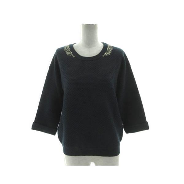 A DAY IN THE LIFE UNITED ARROWS ユナイテッドアローズ ハニカムニット セーター ビジュー ビーズ 七分袖 袖ダブル ウール混 紺系【表記サイズ】表記サイズなし※実寸サイズをご確認下さい。【実寸サイズ】肩幅：約...