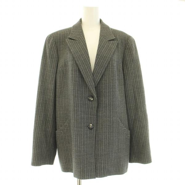 ラピーヌルージュ LAPINE ROUGE テーラードジャケット アウター ジングル 総裏地 ウール混 ストライプ柄 15 XL グレー【表記サイズ】15（日本サイズXL相当）【実寸サイズ】肩幅：約41cm　身幅：約52cm　袖丈：約59....