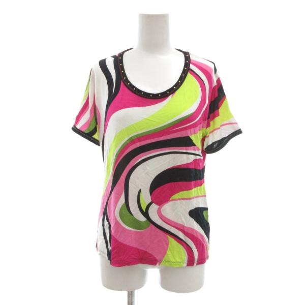 ドンネ ダ ソーニョ DONNE DA SOGNO Tシャツ カットソー M ピンク 白 ホワイト 黒 ブラック 抽象柄 マーブル柄 ラウンドネック /MU【表記サイズ】M【実寸サイズ】肩幅：40cm　身幅：50cm　着丈：56cm　袖丈：...