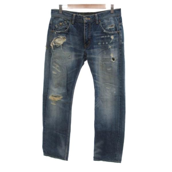 バックチャンネル BACK CHANNEL 美品 デニムパンツ ジーンズ M 青 ダメージ加工 ストレートレッグ /IL ■ECF004 メンズ【ブランド】バックチャンネル BACK CHANNEL【表記サイズ】M【実寸サイズ】ウエスト：8...
