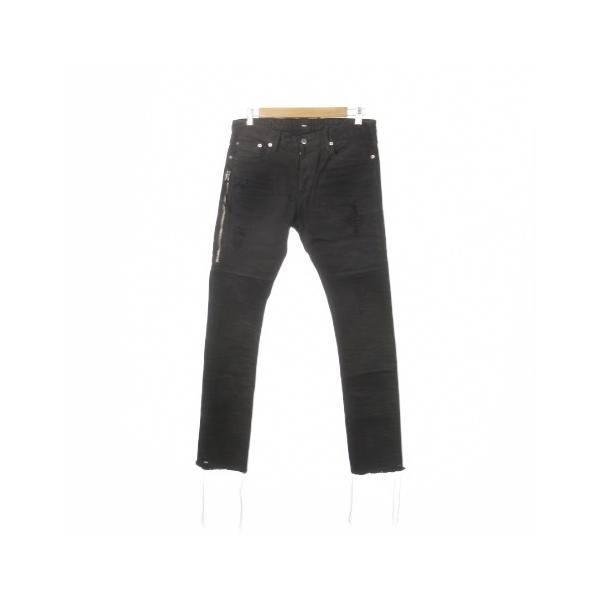 ミスターコンプリート MR.COMPLETELY デニムパンツ ジーンズ テーパード ボタンフライ ダメージ加工 カットオフ ロゴ 30 黒 ブラック【表記サイズ】30【実寸サイズ】ウエスト：82cm　もも幅：27cm　裾幅：16cm　股上...