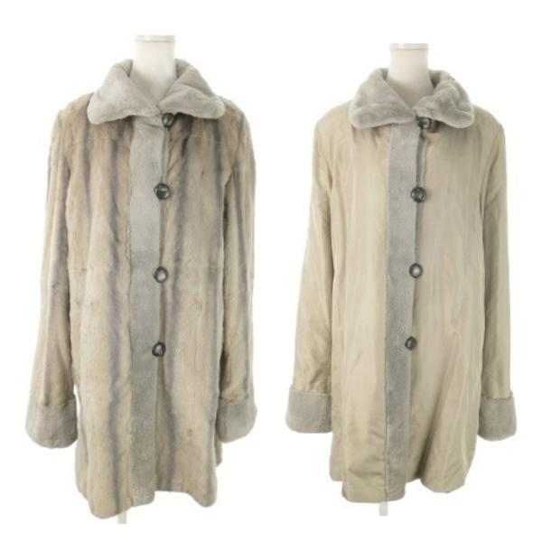 ションベール Chombert BOUTIQUE リバーシブル ミンク ウィーゼル ファー コート ロング ステンカラー 毛皮 シルク 絹 グレー【表記サイズ】サイズ表記なし(実寸サイズをご覧ください)【実寸サイズ】肩幅：41cm　身幅：6...
