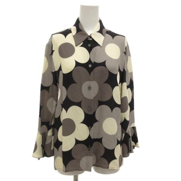 セリーヌ CELINE シルクシャツ ブラウス 長袖 袖フレア 花柄 フラワープリント 42 黒 ブラック 白 ホワイト /GV ■GY44 レディース【ブランド】セリーヌ CELINE【表記サイズ】42【実寸サイズ】肩幅：40cm　身幅：...
