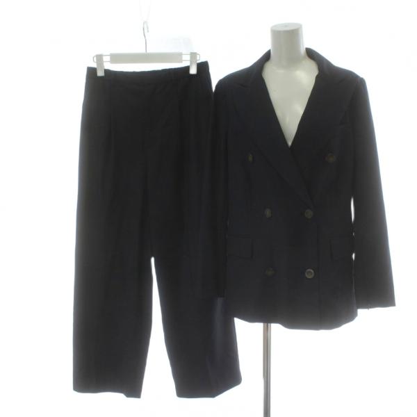 未使用品 アンコキーヌ Anne Coquine タグ付き ウールミックスサキソニーダブルジャケット パンツ セットアップ スーツ M ネイビー【表記サイズ】M【実寸サイズ】ジャケット 肩幅：約37cm　ジャケット 身幅：約47cm　ジャケ...