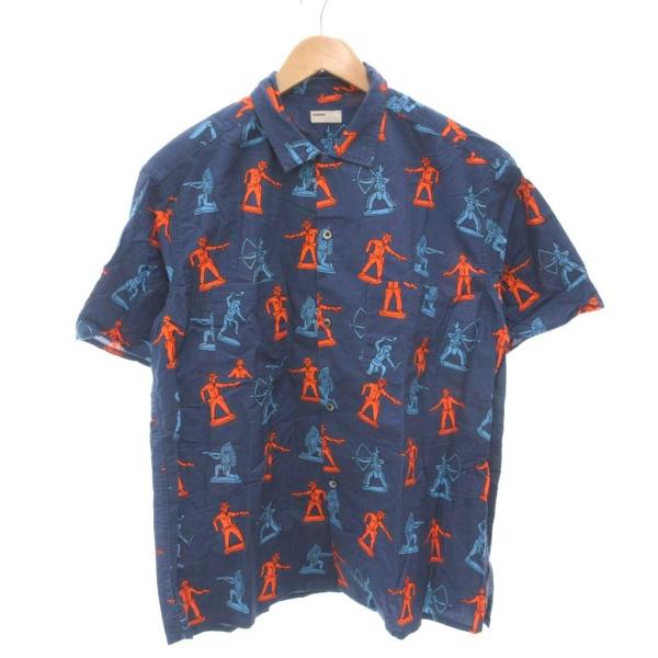ネサーンス NAISSANCE INDIAN COWBOY PRINT HS SHIRT シャツ 半袖 総柄 XL 紺 ネイビー オレンジ /YJ ■GY03 メンズ【表記サイズ】XL【実寸サイズ】肩幅：50cm　身幅：61cm　袖丈：24...