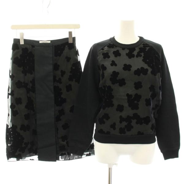 カルヴェン CARVEN セットアップ 上下 スウェット トレーナー 長袖 フレアスカート ひざ丈 総柄 S 36 黒 ブラック /HN ■GY03 レディース【表記サイズ】数箇所 Sスカート 36【実寸サイズ】ゆき丈：75cm　身幅：48...
